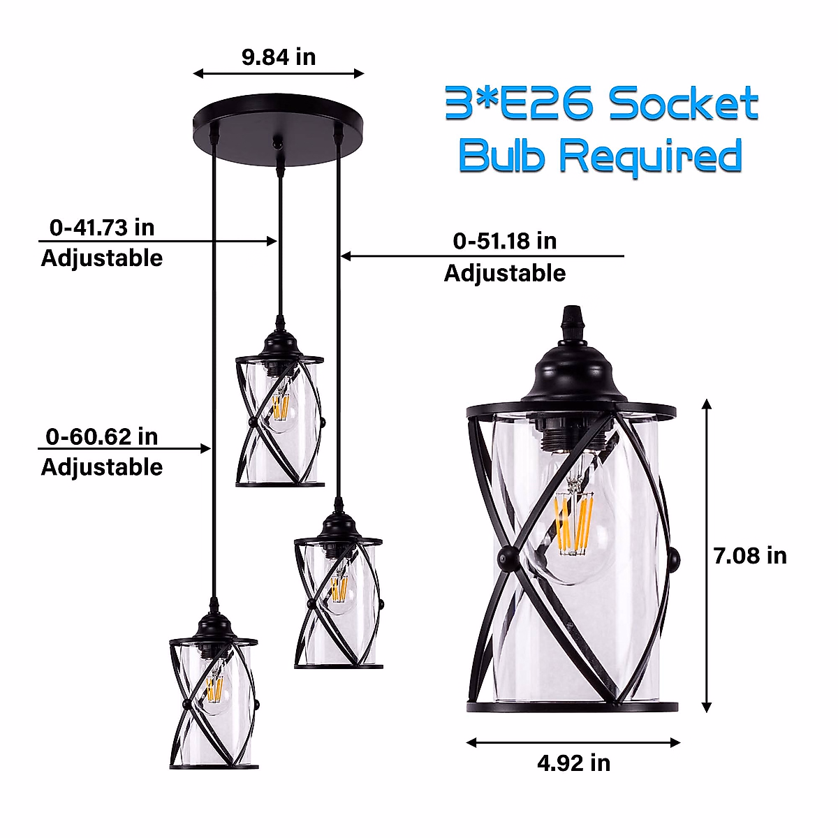 DFL Industrial Glass Pendant Light, 3-Light Black Metal Polished Glass Cover Chandelier, Pendant Light Fixture for Restaurants, Kitchens, Bars, Hallways, Galleries, E26 Base, Bulb Not Included