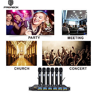 PRORECK MX66 6-Channel UHF Wireless Microphone System with 6 Hand-held Microphones Karaoke Machine for Party/Wedding/Church/Conference/Speech