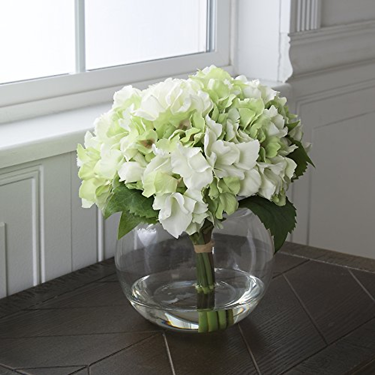 Pure Garden Hydrangea Floral Arrangement in Vase - 5-Count Artificial Flowers with Leaves in Faux Water-Filled Decorative Clear Glass Bowl (Green)