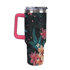 40 Oz Vacuum Tumbler with Light Rose Red Handle Leakproof Insulated Tumbler Surfboard And Flowers Stainless Steel Travel Mug with Lid And Straw Coffee Cup Cute Water Bottles Cup Holder Friendly