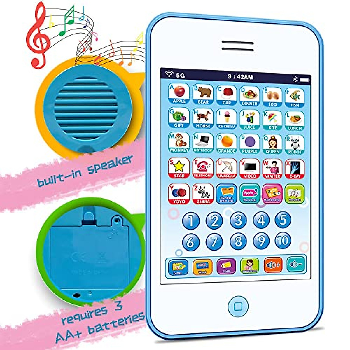 GAGINAN Baby Phone /Kids Tablet Learn Alphabets Words Numbers Music ABC Learning for Toddlers Educational Toy for 3Years+ (Blue)