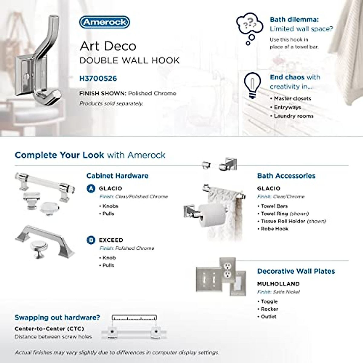 Amerock H3700526 | Aliso Double Prong Decorative Wall Hook | Polished Chrome Hook for Coats, Hats, Backpacks, Bags | Hooks for Bathroom, Bedroom, Closet, Entryway, Laundry Room, Office