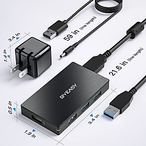Universal Powered USB Hub, BYEASY Aluminum 3 Ports USB 3.0 Hub and 1 USB Smart Charging Port with Power Adapter, Slim USB Splitter for iMac Pro, MacBook Air/Mini, PS5, Surface Pro, Notebook PC, HDD