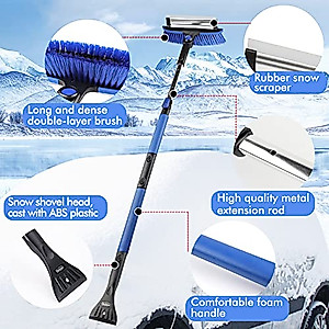57 Inch Extendable Snow Brush and Ice Scraper, 270° Pivoting Snow Brush for Car Windshield, 3 in 1 Sturdy Snow Brush with Squeegee and Foam Grip, for RV SUV Truck, Gloves and Storage Bag Included
