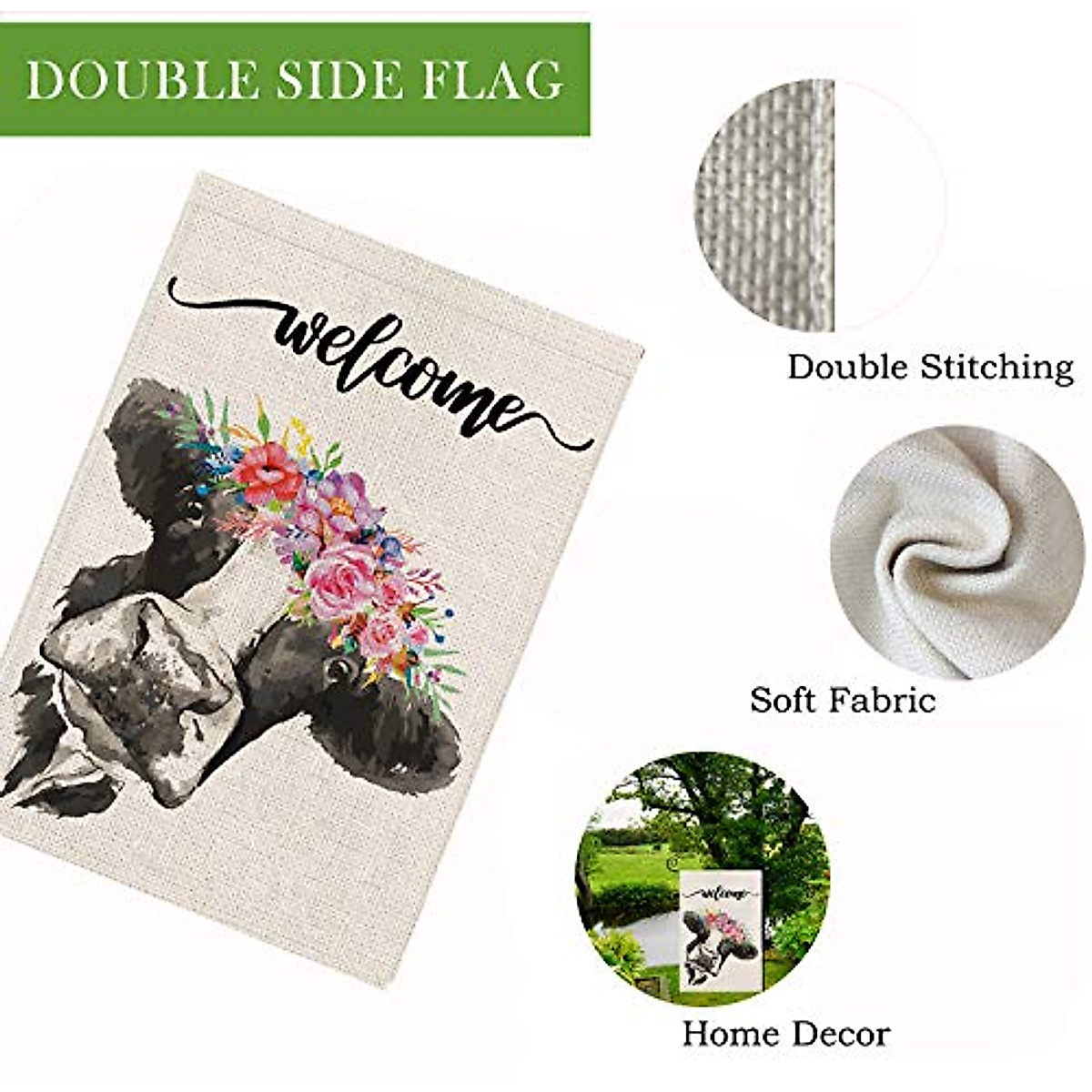 Spring Garden Flag Welcome Floral Crown Cow Garden Burlap Flag 12.5 x 18 Inch Vertical Double Sided Spring Summer Flags Outdoor Decorations Farmhouse Yard Home Decor