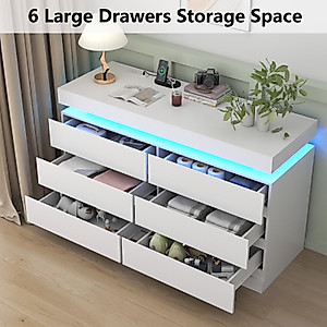 Gyfimoie 6 Drawer Dresser with Power Outlet, White Dresser with LED Light, Modern Chest of Drawers for Closet, Double Wide Drawer Organizer Cabinet for Bedroom, Living Room, Entryway, Hallway