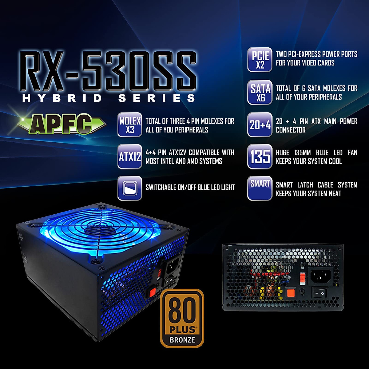 Raidmax Power Supply with Fan RX-530SS, Black/Blue