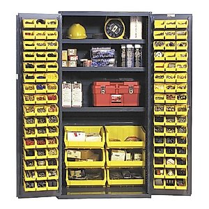 Durham 14 Gauge Welded Steel Heavy Duty Flush Door Style Storage Cabinet with 102 Bins, 3501-BDLP-102-3S-95, 2700 lbs Capacity, 24" Length x 36" Width x 72" Height, 3 Adjustable Shelves