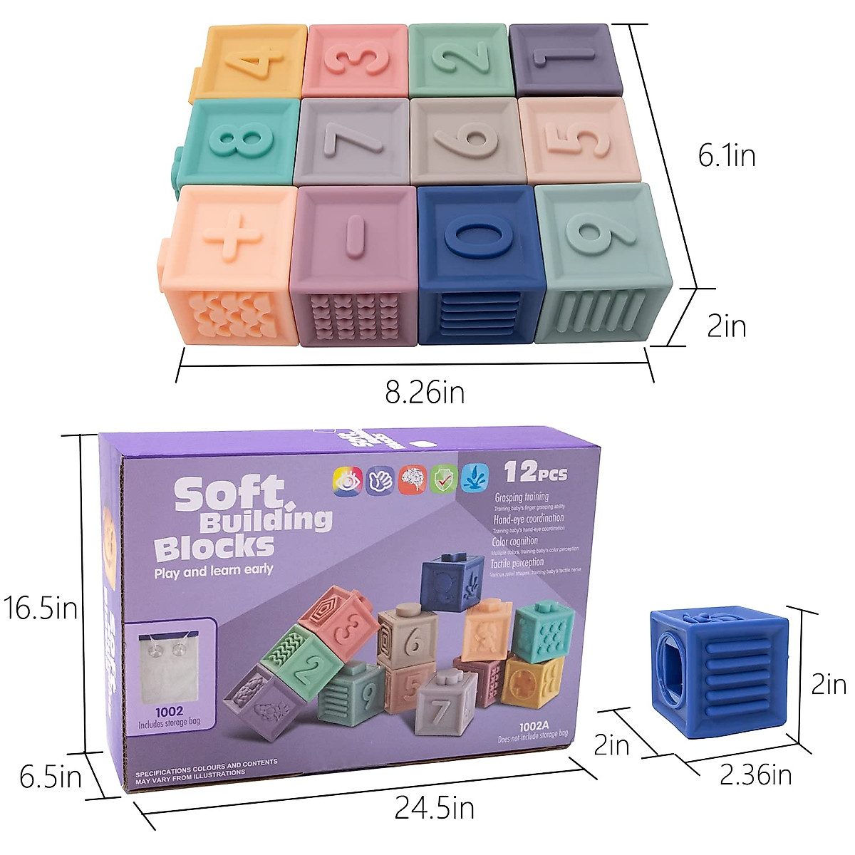 Maikerry 12PCS Blocks,Soft Stacking Blocks Bath Toys,Squeeze Play with Animals, Shapes, Textures, Numbers,Fruit,Early Educational Learning Stacking Blocks Tower, Best Gift for Toddlers