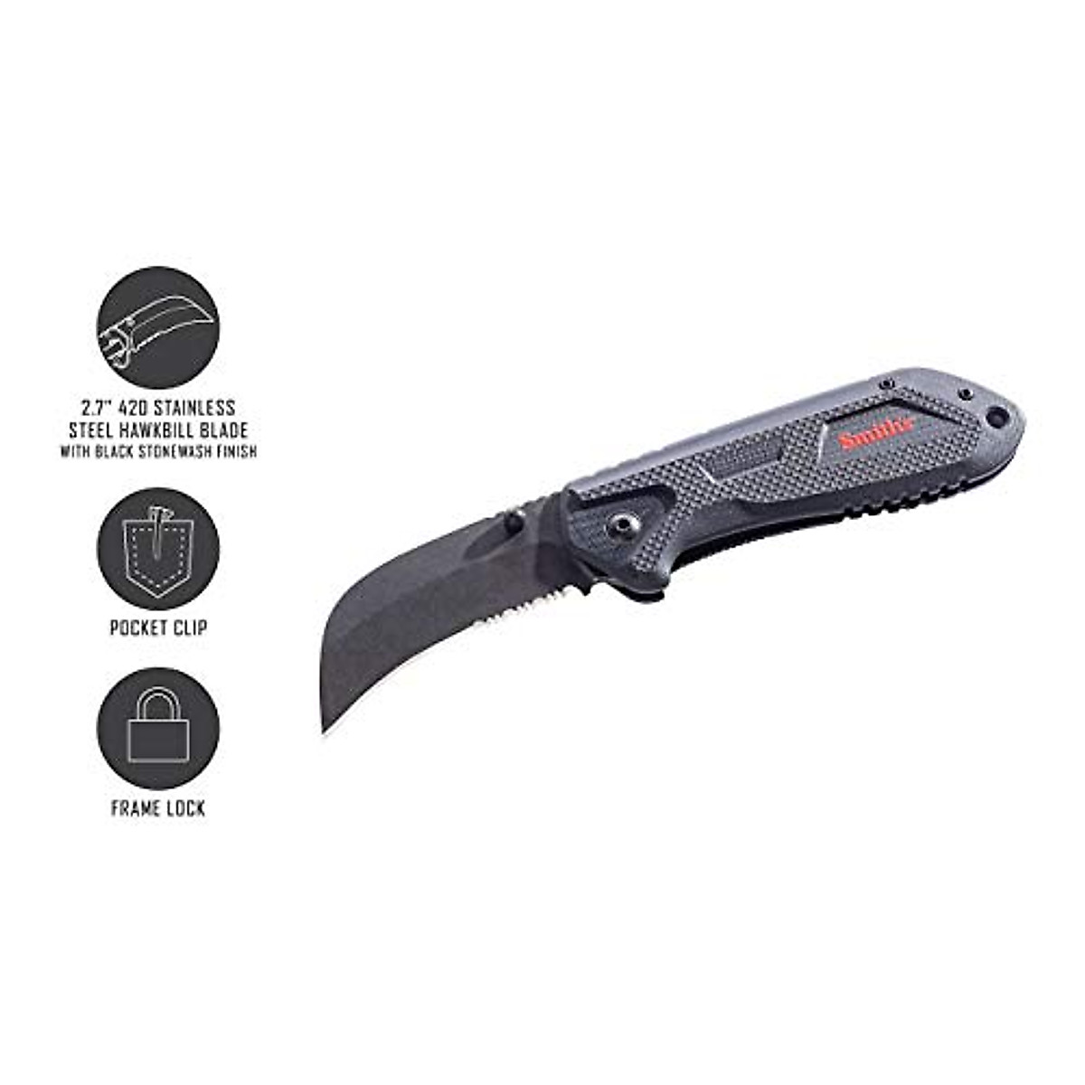 Smith's 51240 EdgeWork-Site Hawk Bill Folding Knife – 2.7” Blade – Stainless Steel w/Stonewash Finish – Frame Lock – Pocket Clip – Textured Handle – Easy Open Pocket Knife