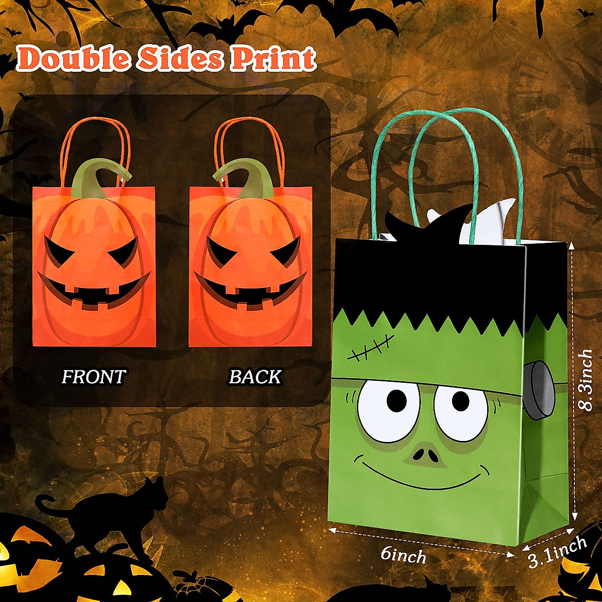 24 Pack Halloween Treat Bags Halloween Paper Gift Bags Trick or Treat Candy Goodie Bags with Handles Mummy Black Bat Frankenstein Vampires Evil Pumpkin Treat Bags for Halloween Party Favors Supplies