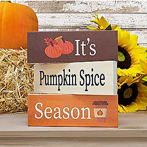 JennyGems It's Pumpkin Spice Season Wooden Block Signs, Fall Decor, Harvest Autumn Thanksgiving Decor, Fall Decorations for Home, Tiered Tray, Made in USA
