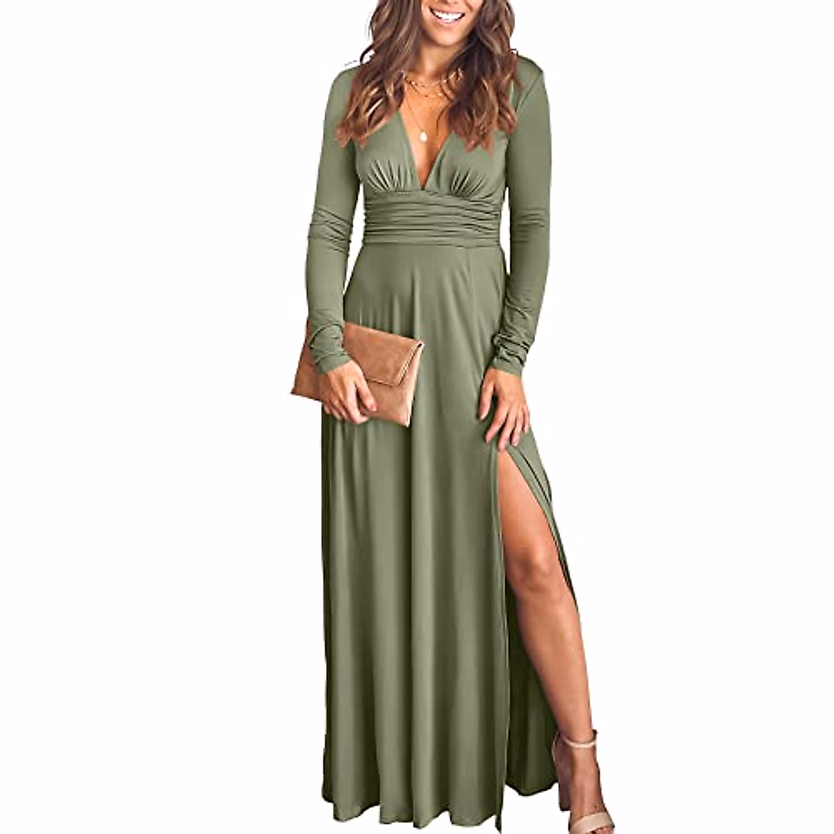 ANRABESS Women's Long Sleeve Sexy Deep V Neck High Waist Slit Cocktail Party Evening Maxi Dress Semi Formal Wedding Guest Prom Dresses 2023 Elegant Graduation Dress 586-junlv-L