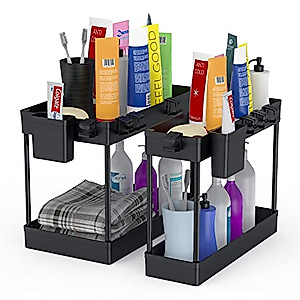 Under Sink Organizers and Storage 2 PCS, 2 Size Multi-Usage Storage Shelf with Hooks, 2 Tier Under Cabinet Basket Organizer for Kitchen Bathroom, Under the Sink Standing Stackable Rack for Bath