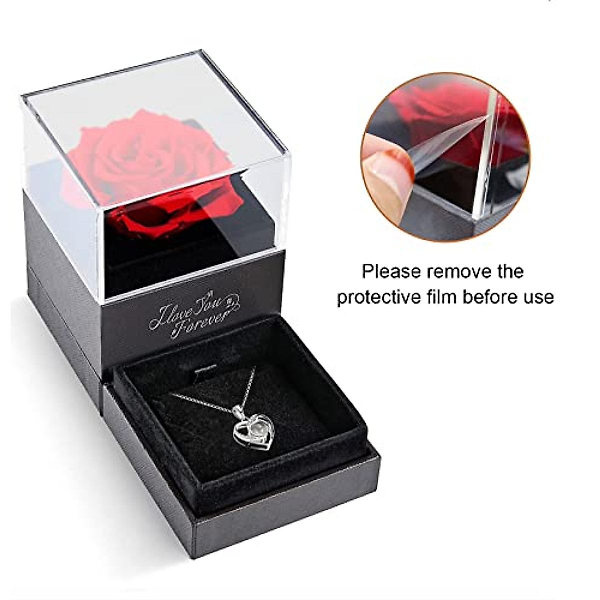 ASELFAD Preserved Red Real Rose with I Love You Necklace -Eternal Flowers Rose Gifts for Mom Wife Girlfriend Her on Anniversary Mothers Day Valentines Day Christmas Birthday Gifts for Women