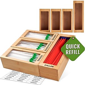 Storage Bag Organizer, Sandwich Bag Organizer - Bamboo Baggie Organizer for Drawer, 4 Modular Boxes with Labels, Plastic Bag Storage Organizer, Quick Refill By Woodenhouse