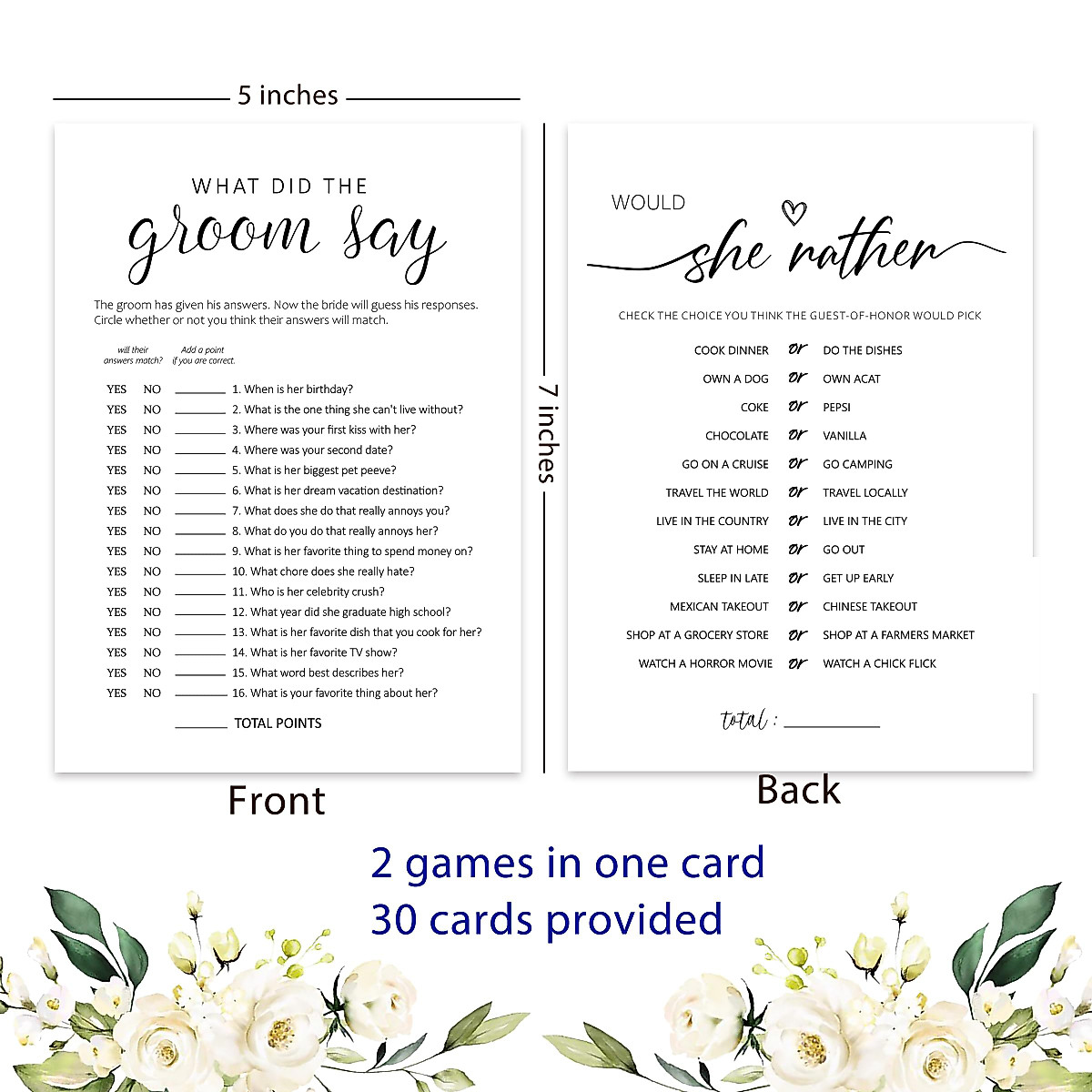 2 Bridal Shower Games, Would She Rather Game &What Did The Groom Say -Set of 30, Double Sided Printed Minimalist Bridal Shower Cards, Wedding Party Game Cards for Guests, Bridal Shower Ideas-HLYX06
