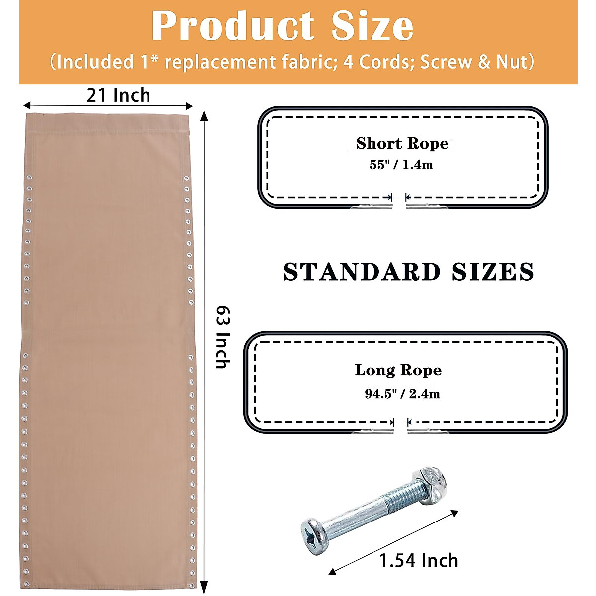 17" 19" 21" Wide Zero Gravity Chair Replacement Fabric, Repair Cloth with 4 Gravity Chair Replacement Cord Screws Kit, Zero Gravity Chair Accessories for Sling Patio Lawn Lounge Chair, Tan