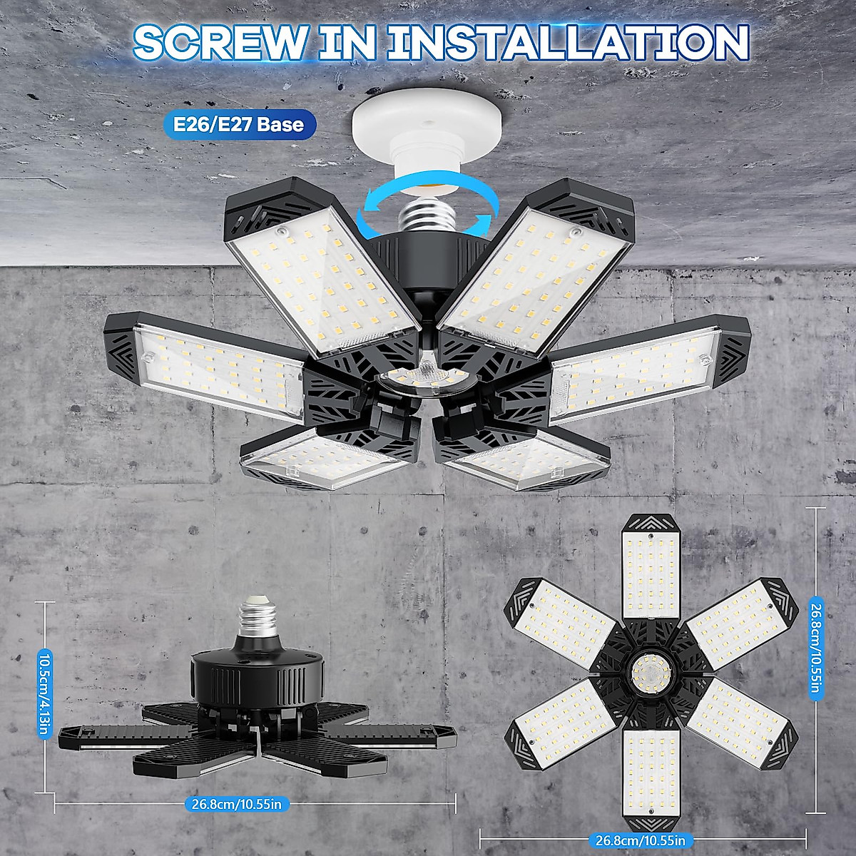 XINGHUANLIT Garage Lighting 2 Pack - 200W 20000LM LED Garage Lights 6500K with 6+1 Adjustable Panel, Screw in E26/E27 Bulb Socket LED Shop Lights, Ceiling Lights for Garage Workshop Lighting