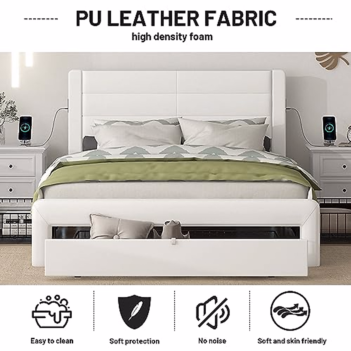 Linique Queen Size Wooden Bed Frame with 3 Storage Drawers,Queen PU Leather Upholstered Platform Bed with Headboard and Charging Station,White