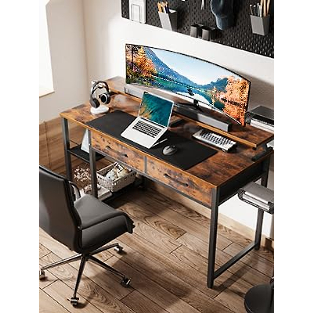 ODK Computer Desk with Drawers, 48 Inch Office Desk with Storage Bag & Shelves, Work Writing Desk with Monitor Stand Shelf, Rustic Brown Home Office Desks for Small Spaces