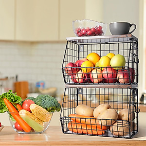 Mefirt 2pcs Fruit Basket Onion Storage Wire Baskets with Wood Lid, Stackable Wall-mounted & Countertop Tiered Kitchen Counter Organizer for Snack, Fruit and Vegetable Storage, 11.8 * 7.9 * 8.5 Inches