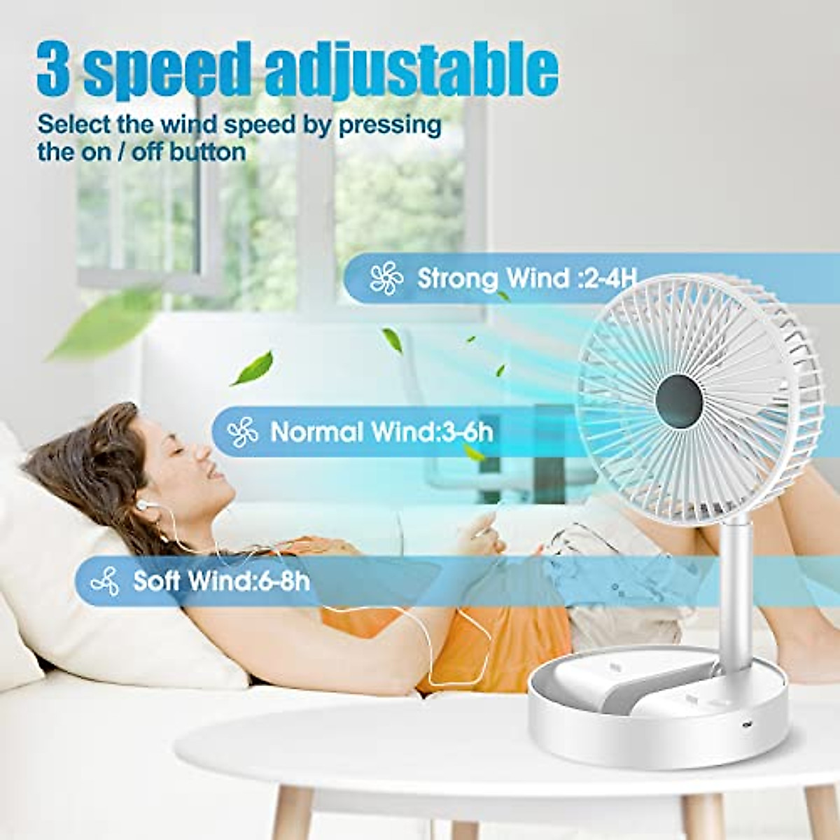 MAESHOP Portable Desk Fan 3 Speeds Wind Quiet Foldable Rechargeable Battery Operated USB Desktop Folding Fan For Office Trave Home Desk Outdoor Bedroom Trave，6.5-Inch (White)