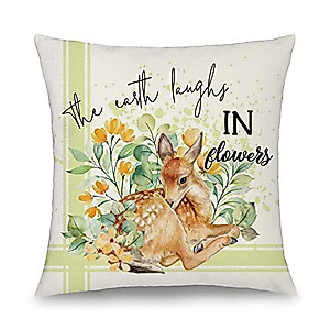 Binfemcy Spring Green Decorative Pillow Covers Waterproof Outdoor Cute Bunny Deer Cushion Cover Farmhouse Easter Pillowcases Fresh Flower for Living Room Couch Patio Garden Sunbrella 18x18 Set of 4