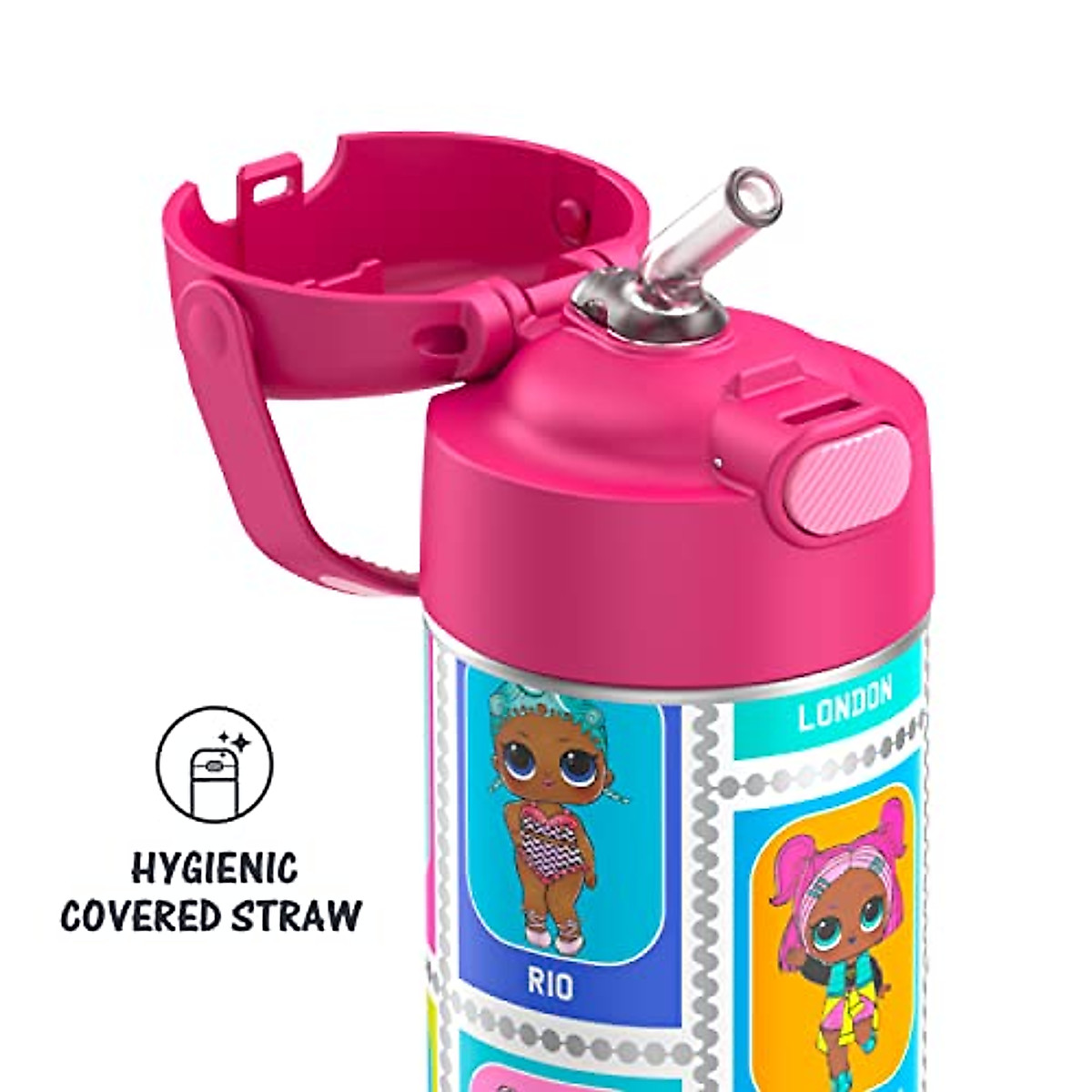 THERMOS FUNTAINER 12 Ounce Stainless Steel Vacuum Insulated Kids Straw Bottle, L.O.L Surprise & FUNTAINER 10 Ounce Food Jar, Pink with Spoon