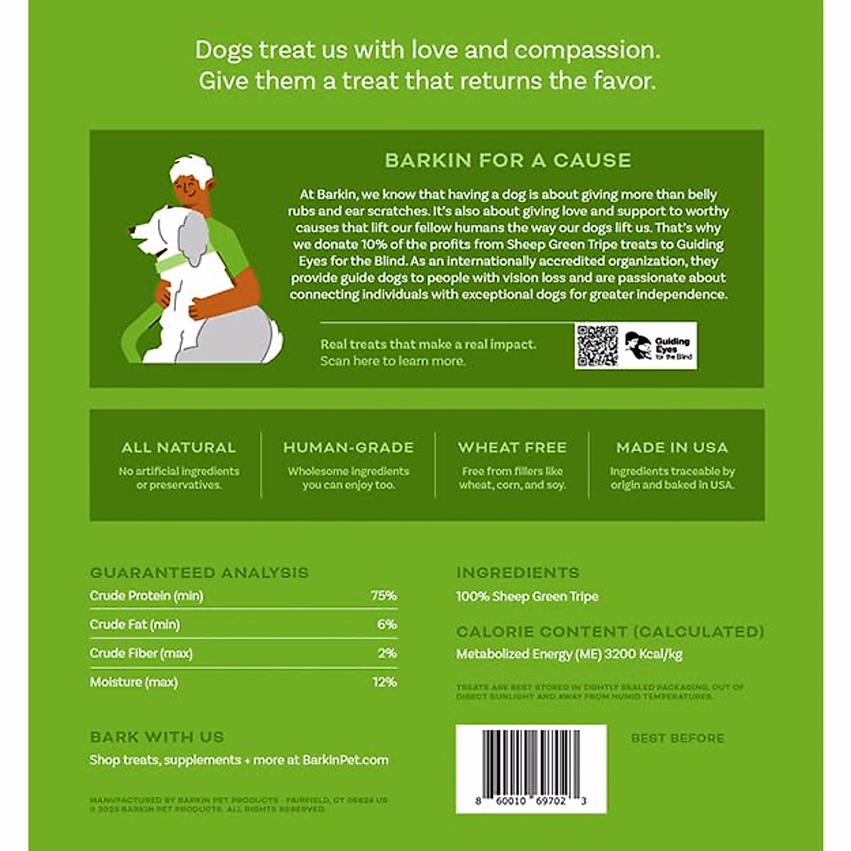Barkin 100% Lamb Green Tripe, Air-Dried Single Ingredient Dog Treats, Free Range and Grass Fed Lamb, All Natural, Everyday Dog Treats and Dental Chews, 3.5oz.