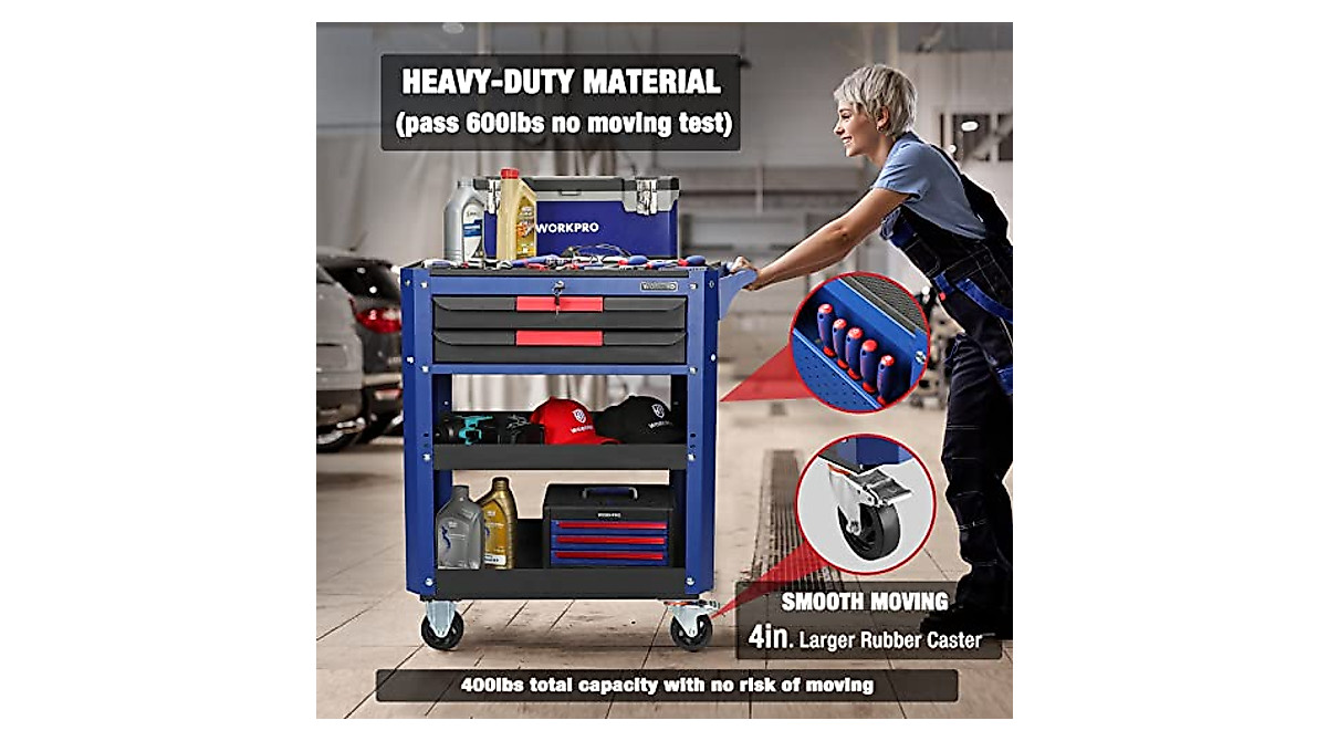 WORKPRO Premium 28” 2-Drawer Rolling Tool Cart for Garage & Workshop