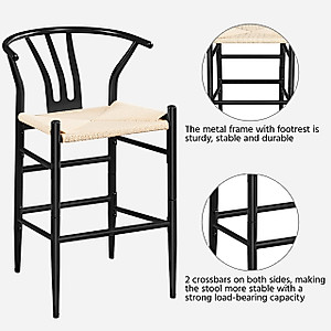 Yaheetech 26'' Weave Counter Stool Set of 2 Bar Stool Mid-Century Modern Metal Barstool Counter-Height Stool Slat Backrest Dining Chair, Black