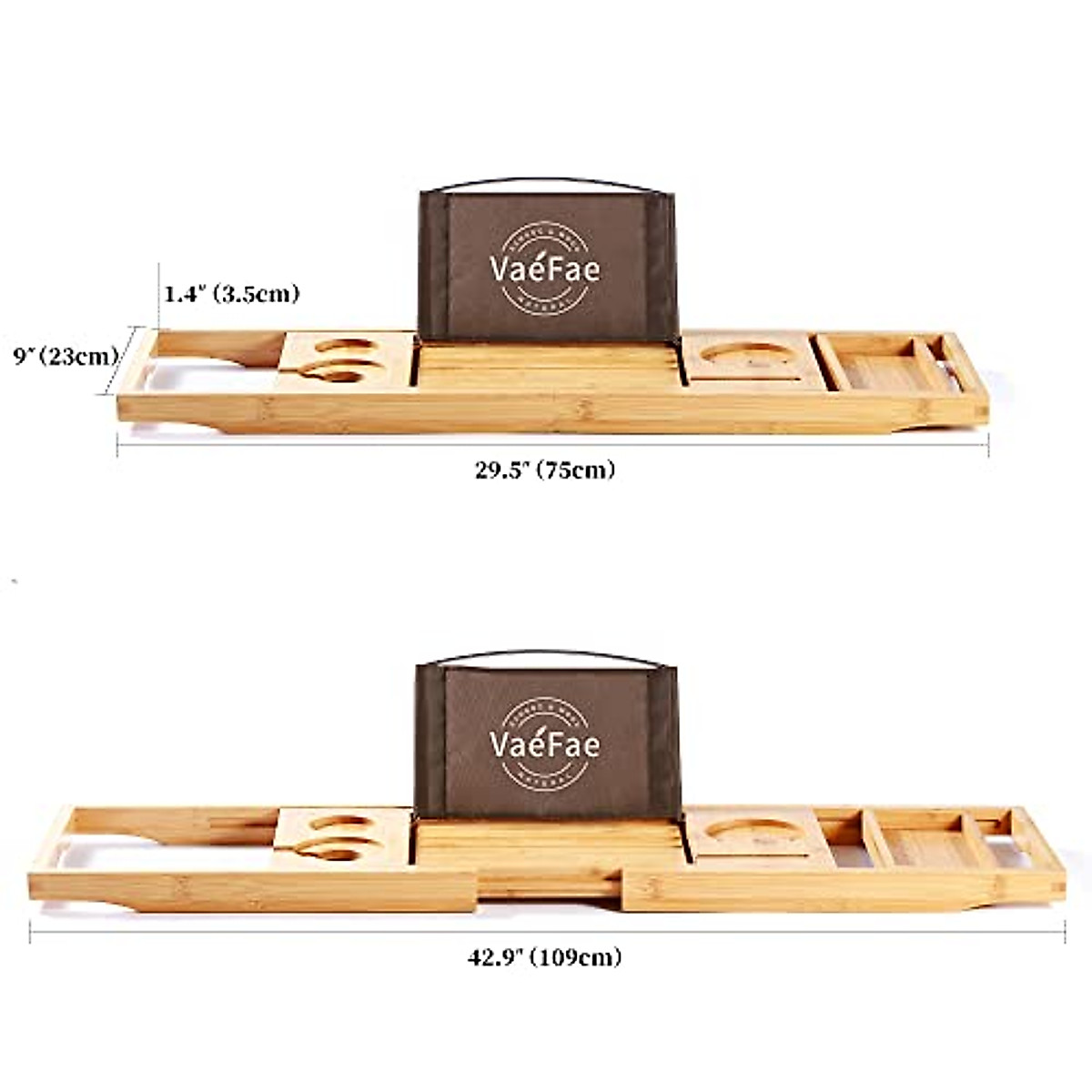 VaeFae Bamboo Bathtub Caddy Tray, Expandable Bath Tray for Tub with Upgraded Wine Slots and Book Holder - Ideal for One or Two Person Use