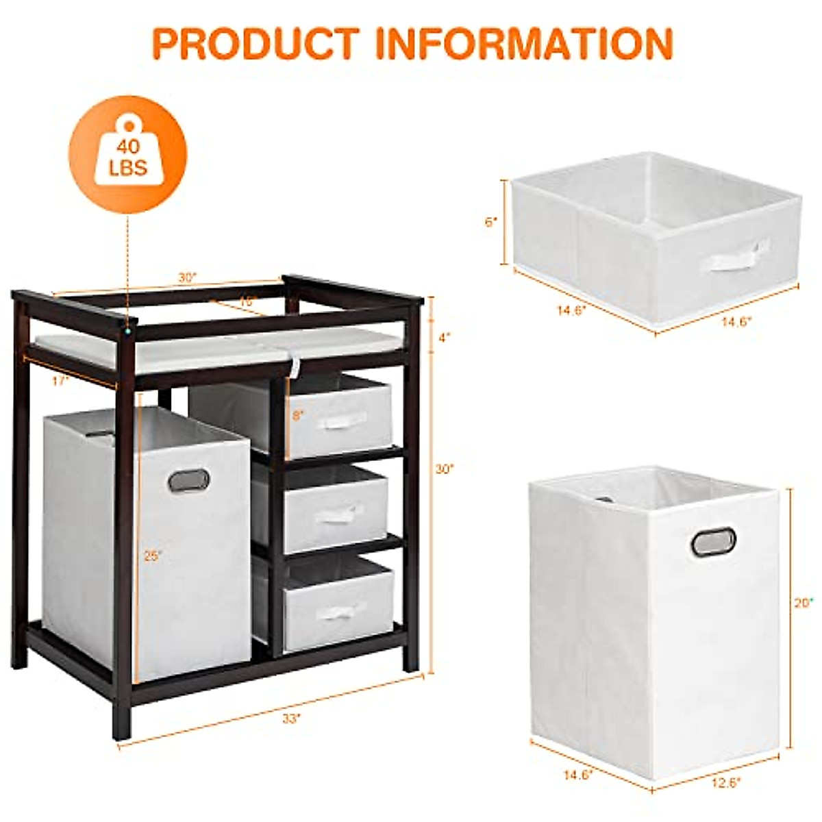 Lovin&Hugin Changing Table, Baby Diaper Changing Table with Laundry Hamper, 3 Storage Baskets and Removable Pad, Brown