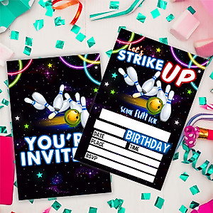 Let's Strike Up Birthday Invitations, Neon Bowling Vintage Birthday Party Invites For Kids Adults Birthday Party And Events Supplies, 20 Fill-In Invites Cards With Matching Envelopes（YQK-B14）