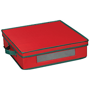 Household Essentials Holiday China Storage Chest with Lid and Handles | Charger Plates and Platters | Red Canvas with Green Trim