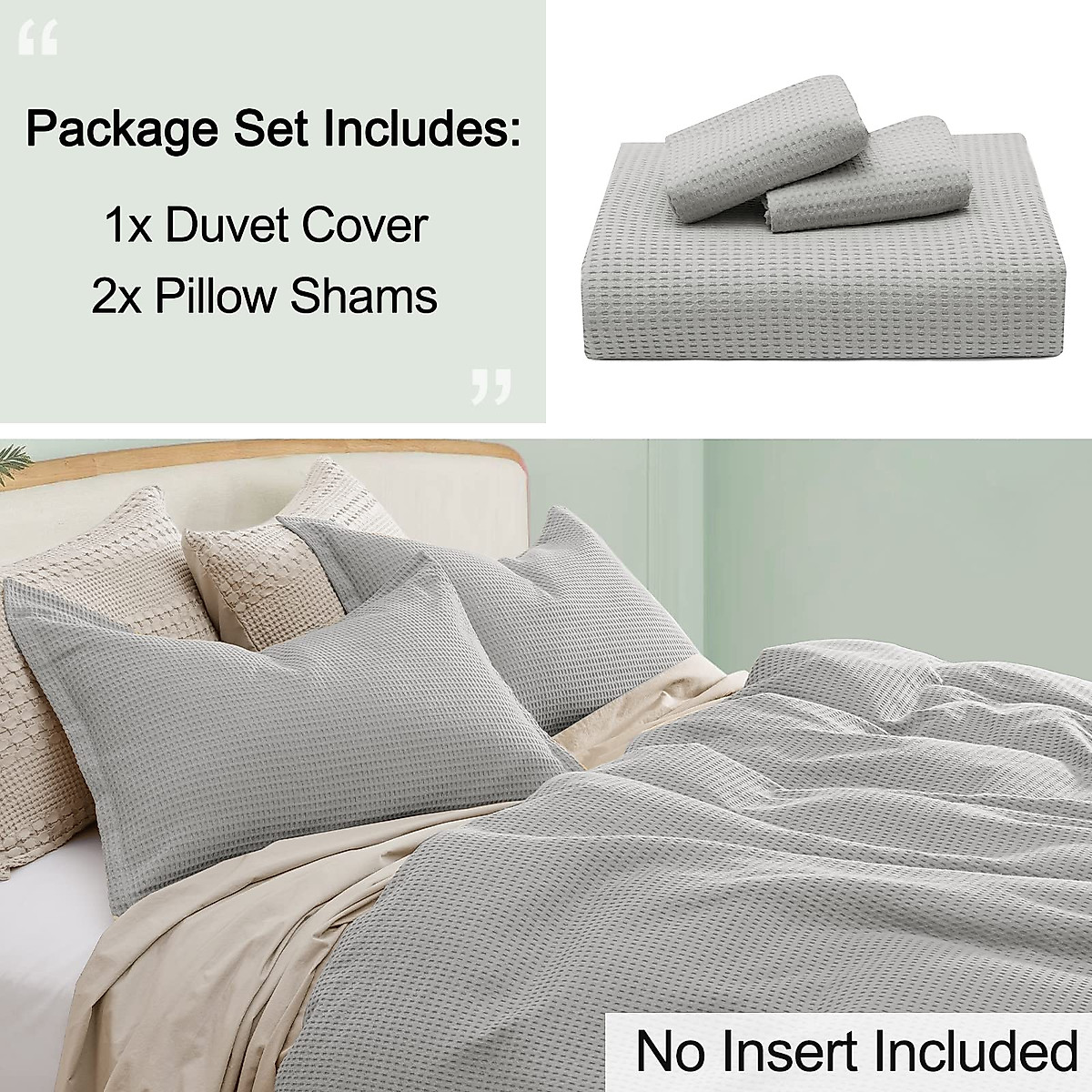 PHF Waffle Duvet Cover King Size, Ultra Soft Cotton Blend Comforter Cover Set, Comfy Breathable and Decorative Duver Cover Set with Pillow Shams Bedding Collection, 104"x90", Grey