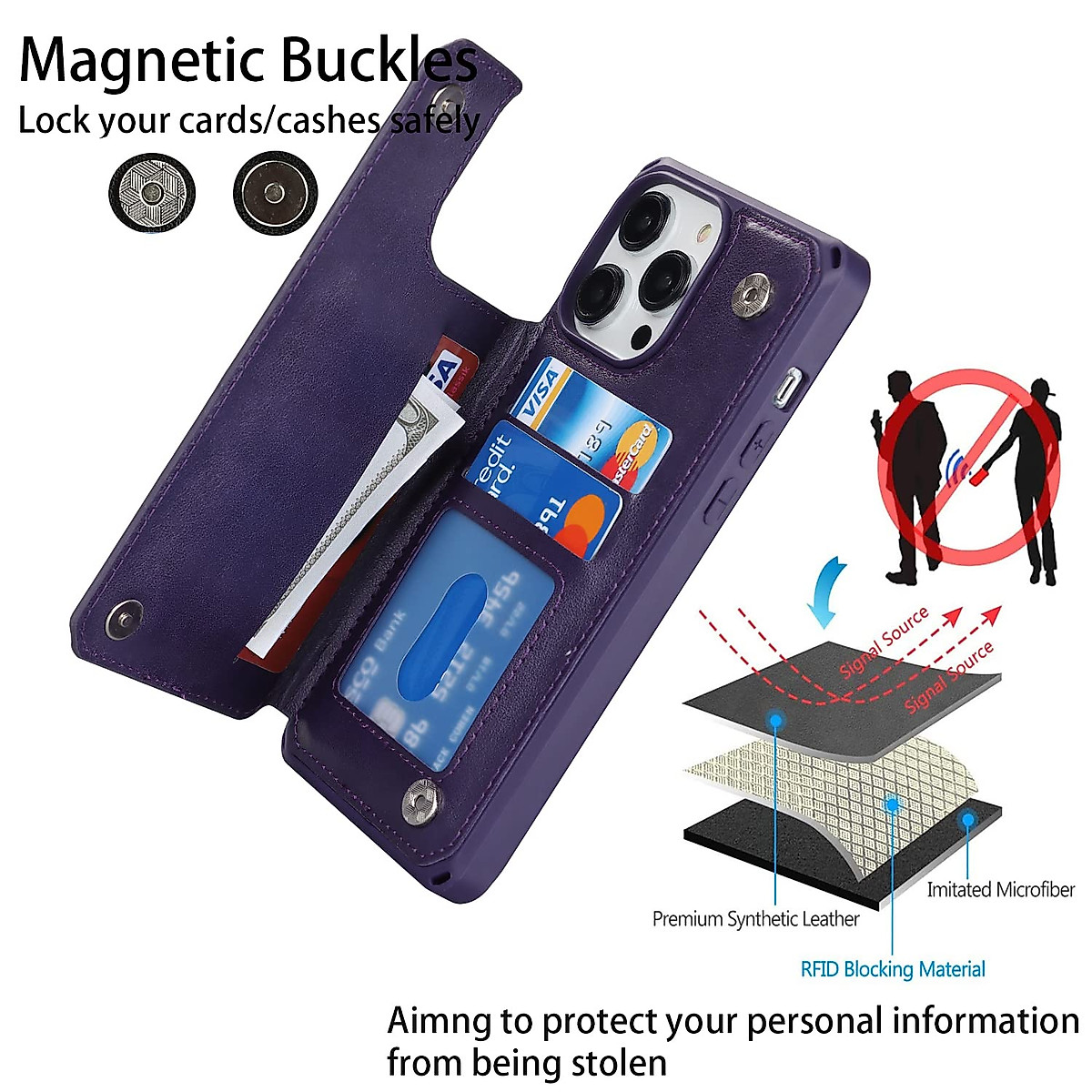 Cavor for iPhone 14 Pro Max Case Wallet with Card Holder,for iPhone 14 Pro Max Wallet Phone Case for Women Men,Leather Credit Card Holders Shockproof Stand Case-Dark Purple