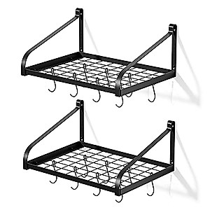 Love-KANKEI Pot Rack Wall Mounted Set of 2 Pan Pot Organizer Wall Shelves with 16 Hooks for Kitchen Cookware Utensils Organization Black