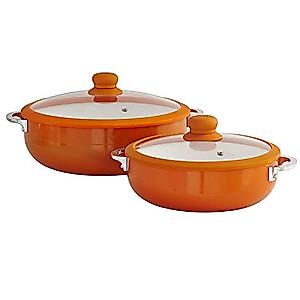 IMUSA USA 2 Piece Orange Ceramic Interior Caldero Set with Orange Silicone Rim and Glass Lid