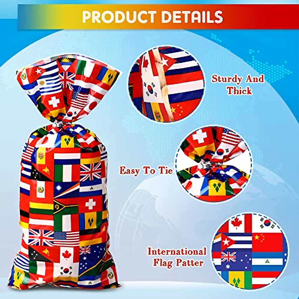 100 Pcs International Flag Candy Party Bags World Country Flags Treat Bags Patriotic Cellophane Bags Travel Goodie Bags for Soccer Sports Beer Festival Events Celebration School Party Decorations