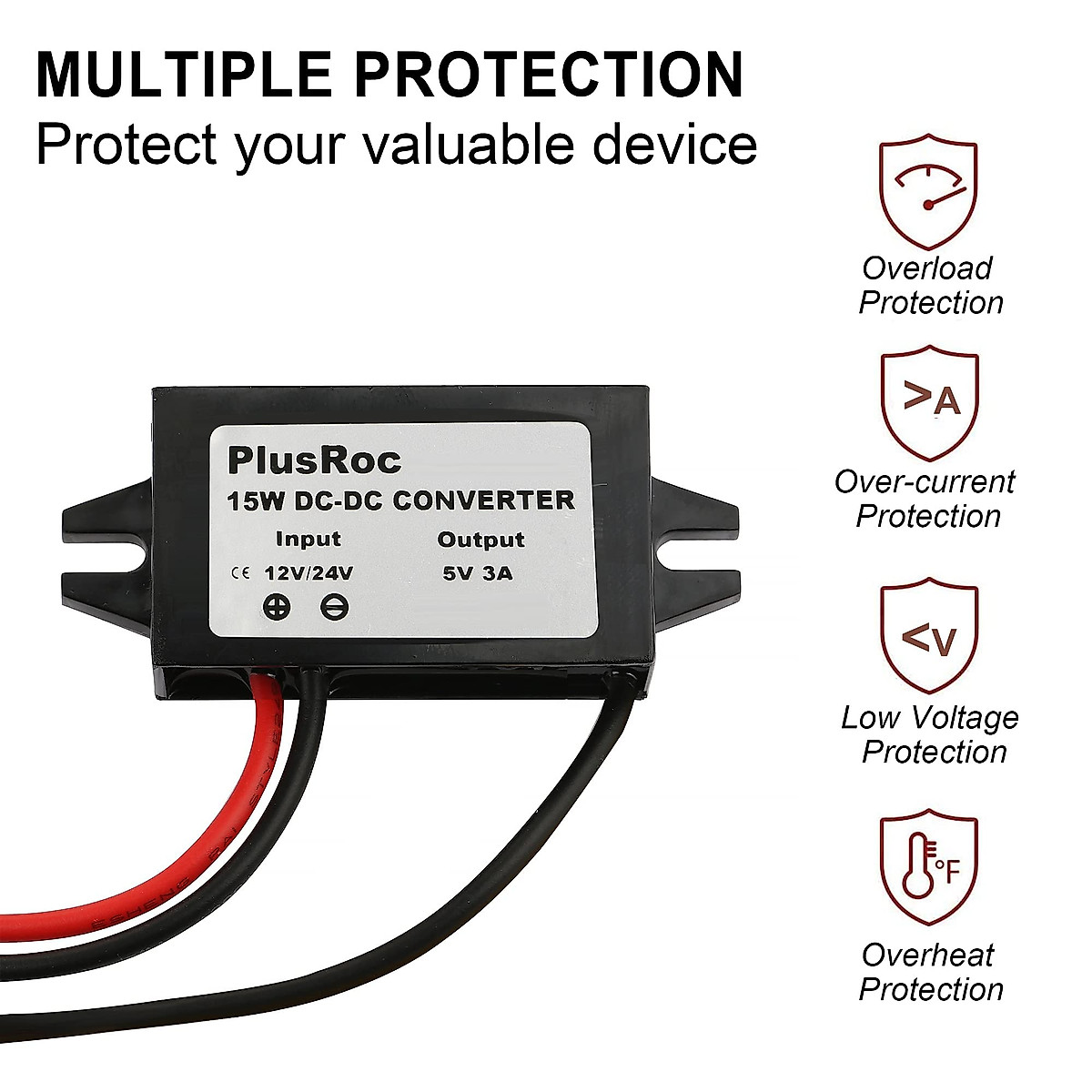 PlusRoc Waterproof 12V/24V to 5V Converter DC-DC Step Down Module Power Adapter Compatible with Ring Keypad, Cellphone, Car (Micro USB Connector)