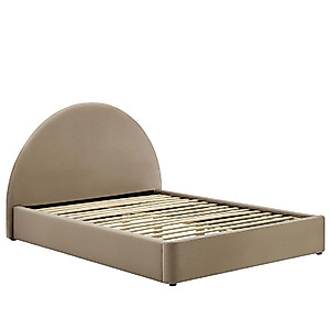 Modway Resort Queen Size Platform Bed with Arch Shaped Round Headboard in Taupe, Upholstered Velvet Bed Frameain-Resistant Performance Velvet, Soft Cloud Bed Frame, No Box Spring Needed