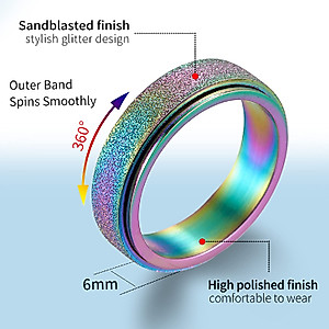 LAOYOU Anxiety Spinner Fidget Ring for Women | 6MM Stainless Steel 3pcs Worry Stress Relief Spinning Spinny Ring Set Band Pack Rose Old Silver Rainbow Birthday Figit Gifts for Daughter Size 8