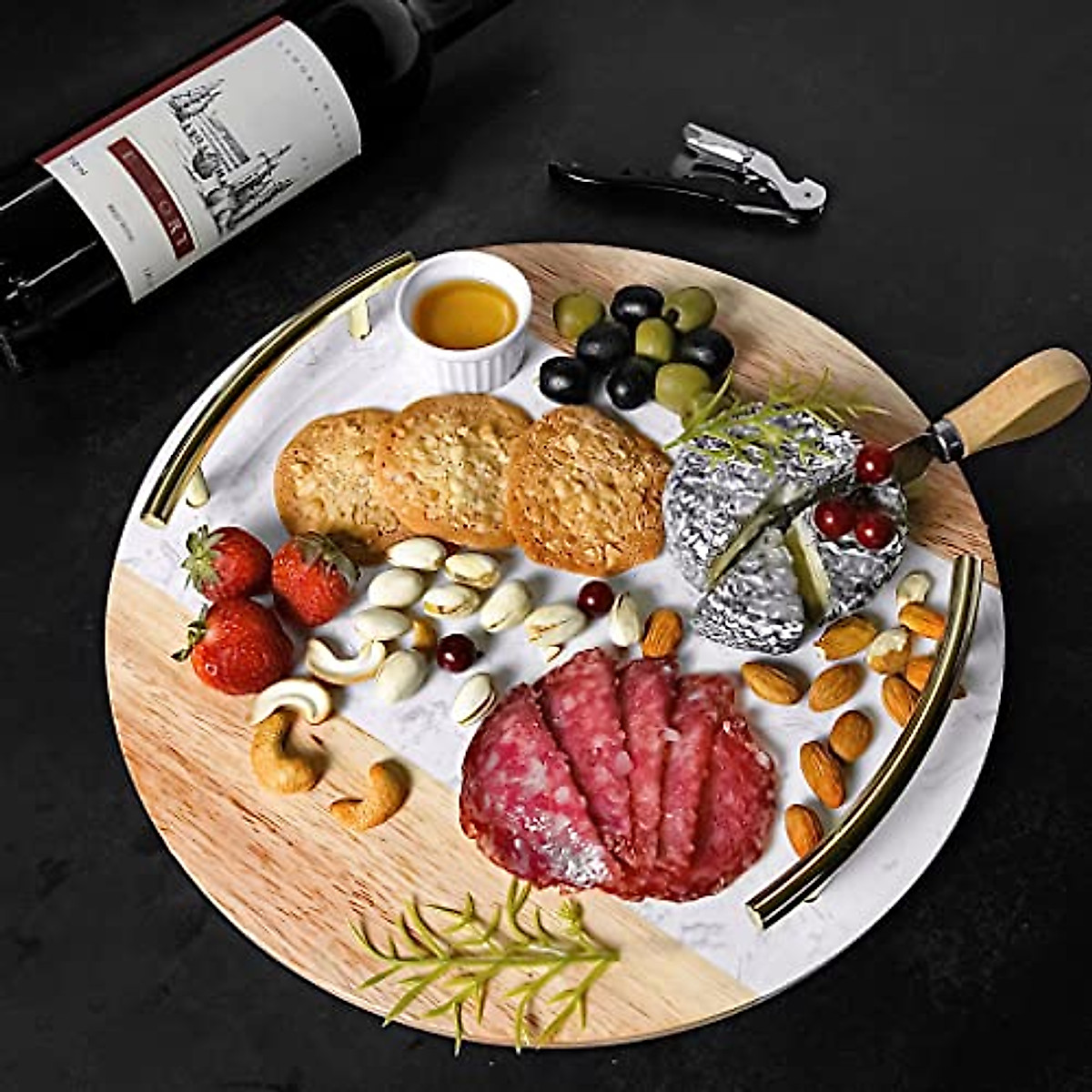 Marble Cheese Board with Handle 13" Round - Beautifully Handcrafted Marble and Wood Charcuterie Board - Wonderful Housewarming Gift