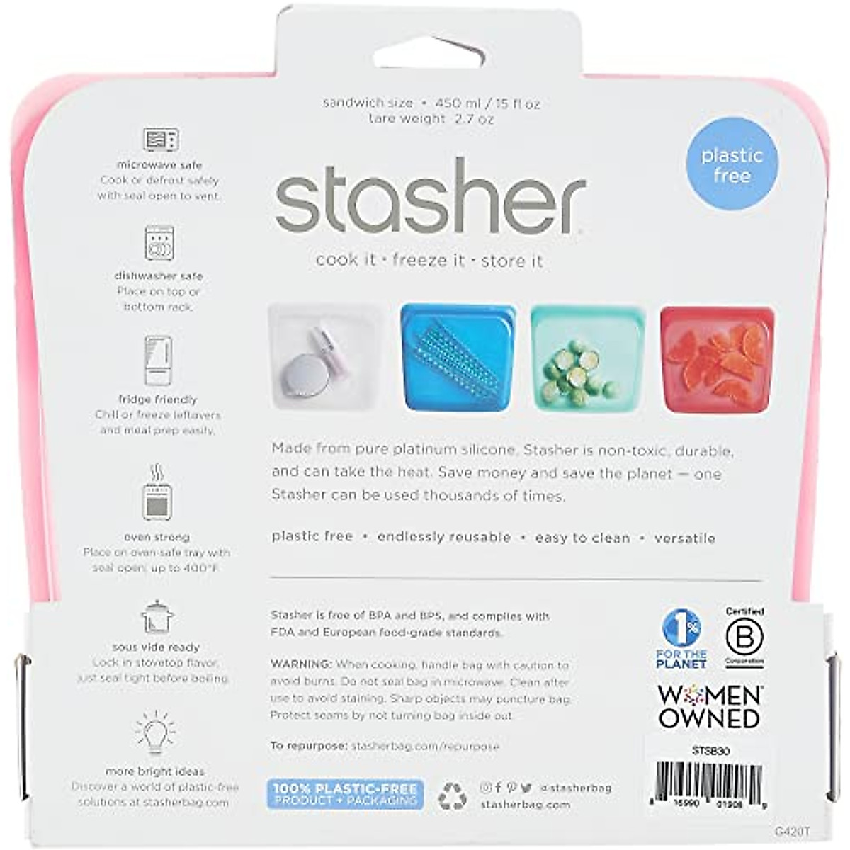 Stasher Reusable Silicone Storage Bag, Food Storage Container, Microwave and Dishwasher Safe, Leak-free, Sandwich, Hibiscus