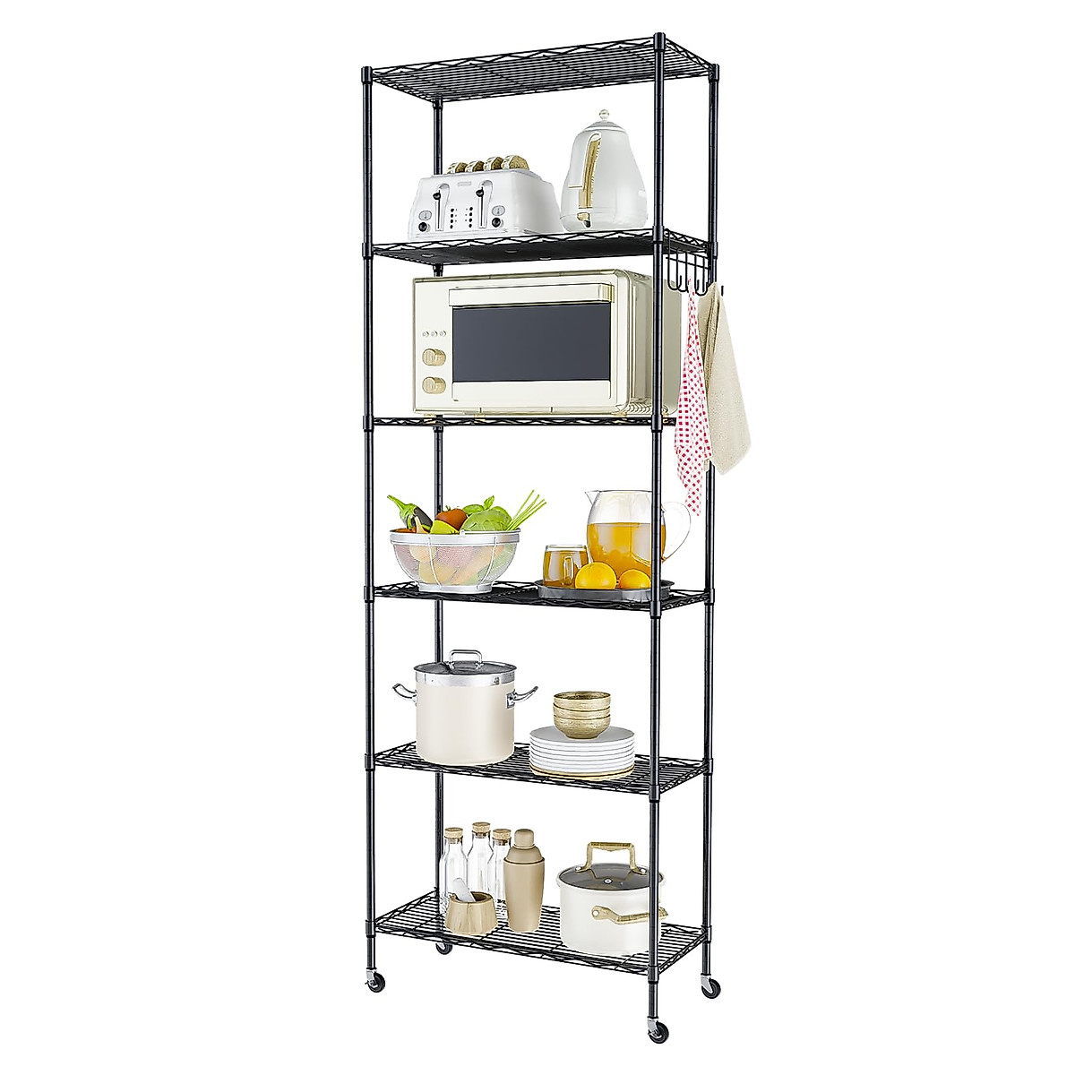Homdox 6-Tier Wire Storage Rack with Wheels, Skinny Shelf for Small Spaces, Metal Shelves for Storage with Side Hooks, for Pantry Organization, Bathroom, Kitchen, Black