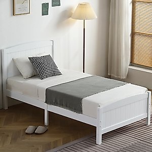 Karl home Wood Bedframe Twin Bed Frame with Headboard Bedroom Platform Bed with Footboard, 12 Wood Slat Support, No Box Spring Needed, White