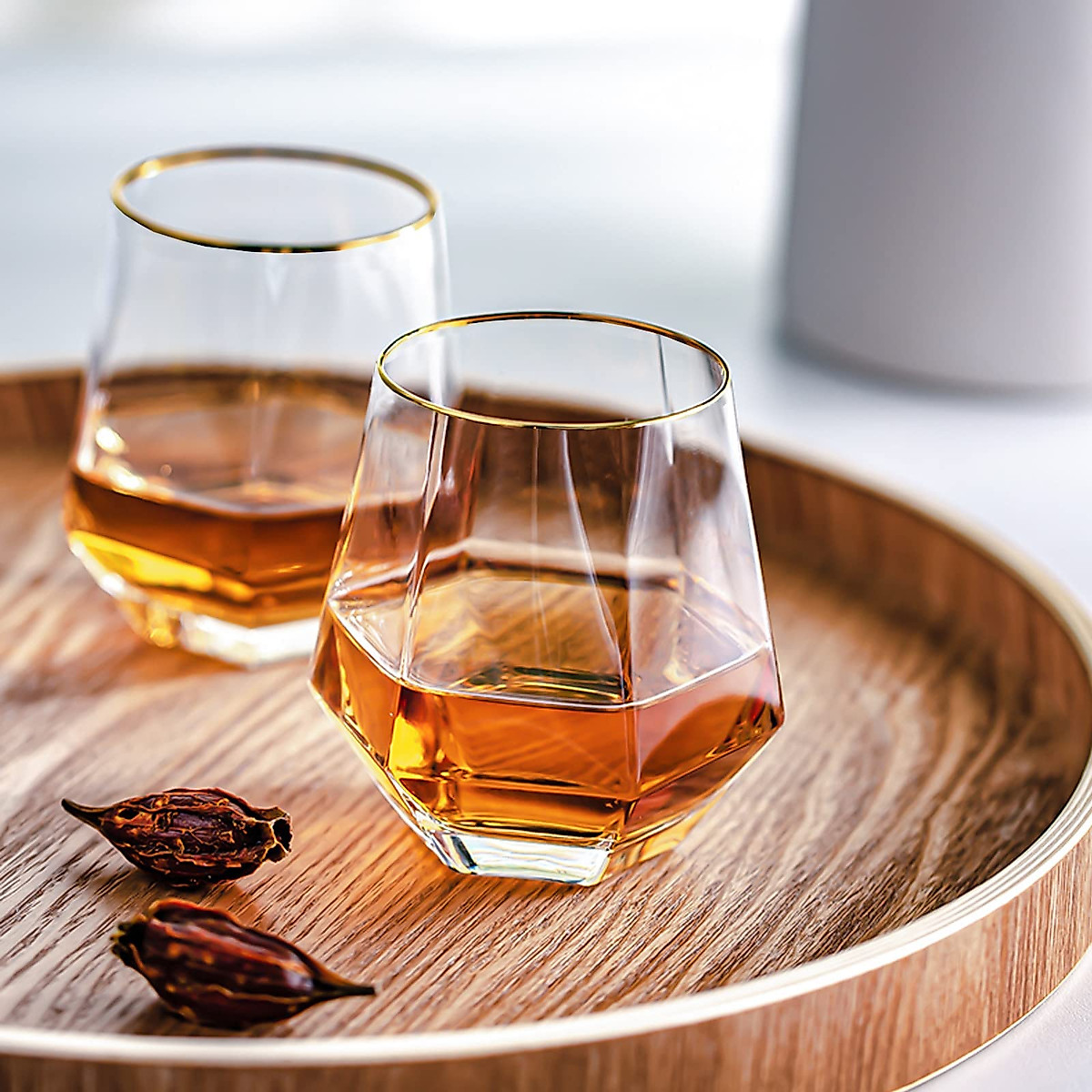 Diamond Wine Glass Set of 2, Modern Stemless Golden Edge Glass Cups Drinking Glassware for Serving Party,Home,Bar, Restaurants Transparent