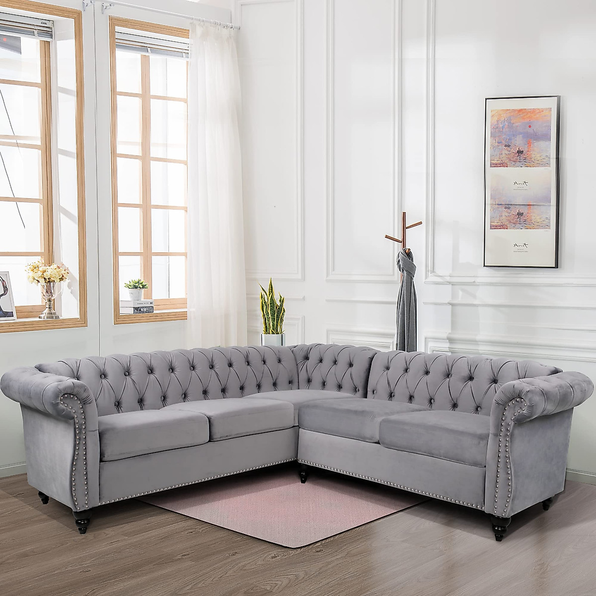 RARZOE Chesterfield L Shaped Sectional Sofa, Deep Button Tufted Velvet Sofa, Upholstered Rolled Arm Classic Chesterfield Settee Sofa, Modern 5 Seater Couch Furniture for Living Room, Grey